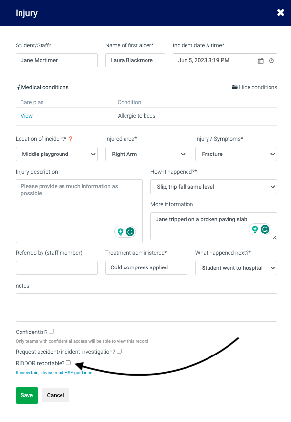 How can I use the RIDDOR reporting feature?