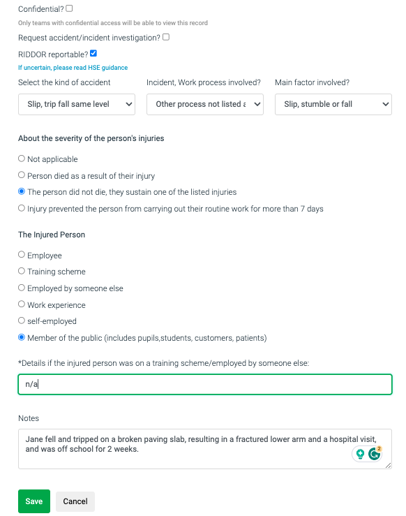 How can I use the RIDDOR reporting feature?