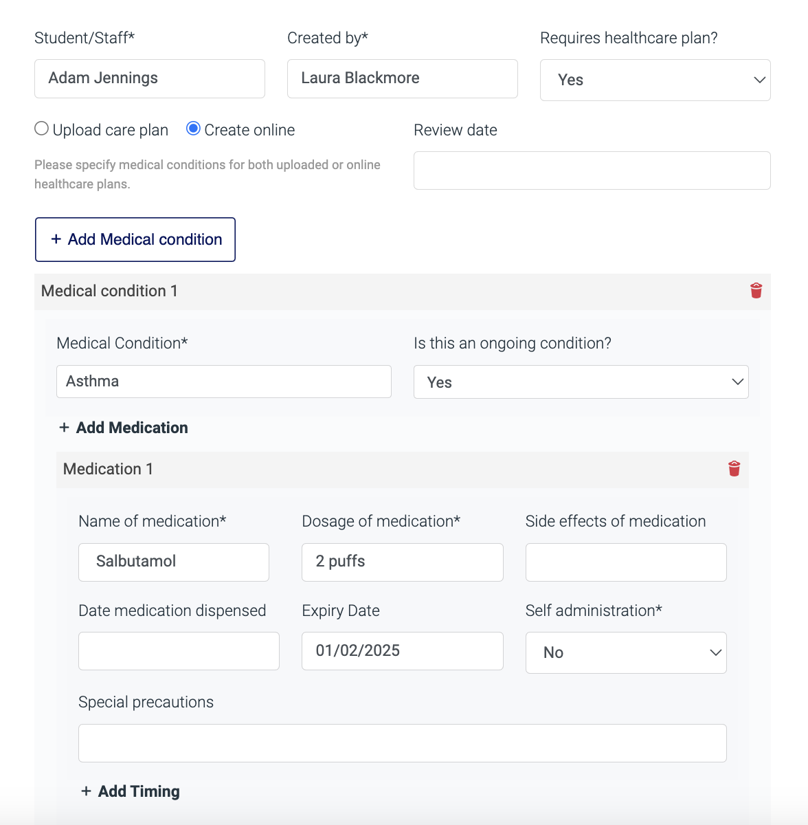 How to add a medical condition and a care plan