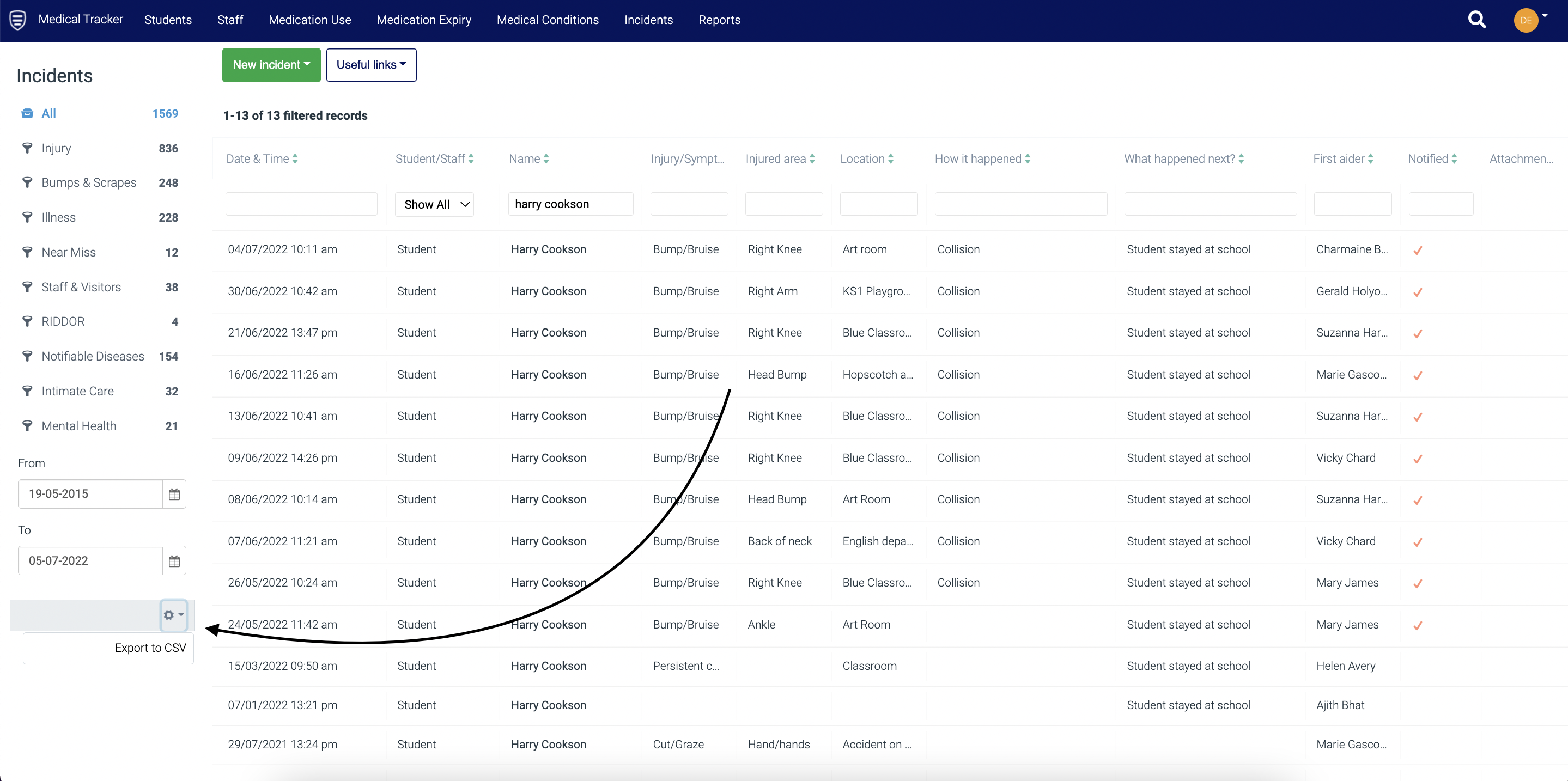 How to export data from Medical Tracker to a .csv or Excel document?